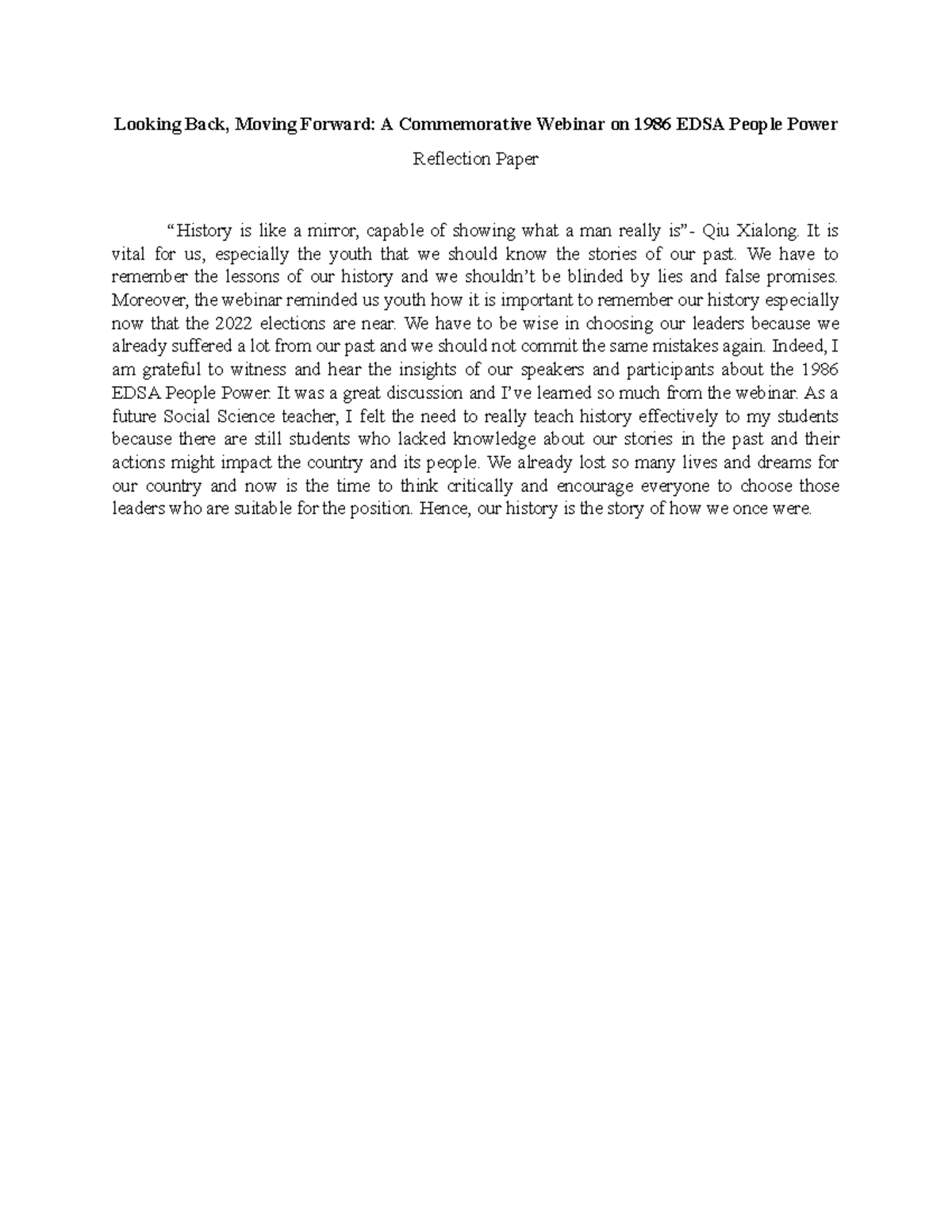 1986 EDSA People Power Reflection Paper - Looking Back, Moving Forward ...