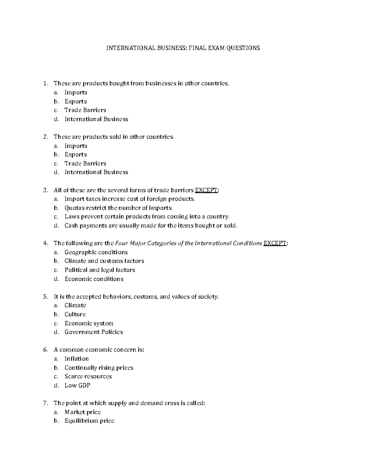 International business - INTERNATIONAL BUSINESS: FINAL EXAM QUESTIONS ...