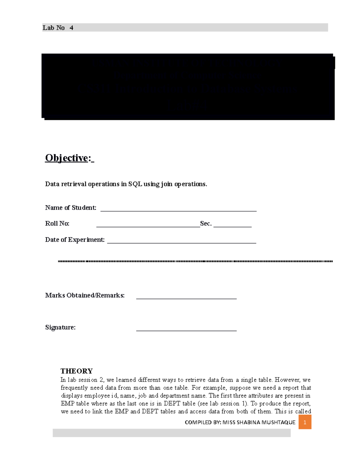 Intro to DB 4 - Lab Manual 4 For Database - Lab No 4 USMAN INSTITUTE OF ...