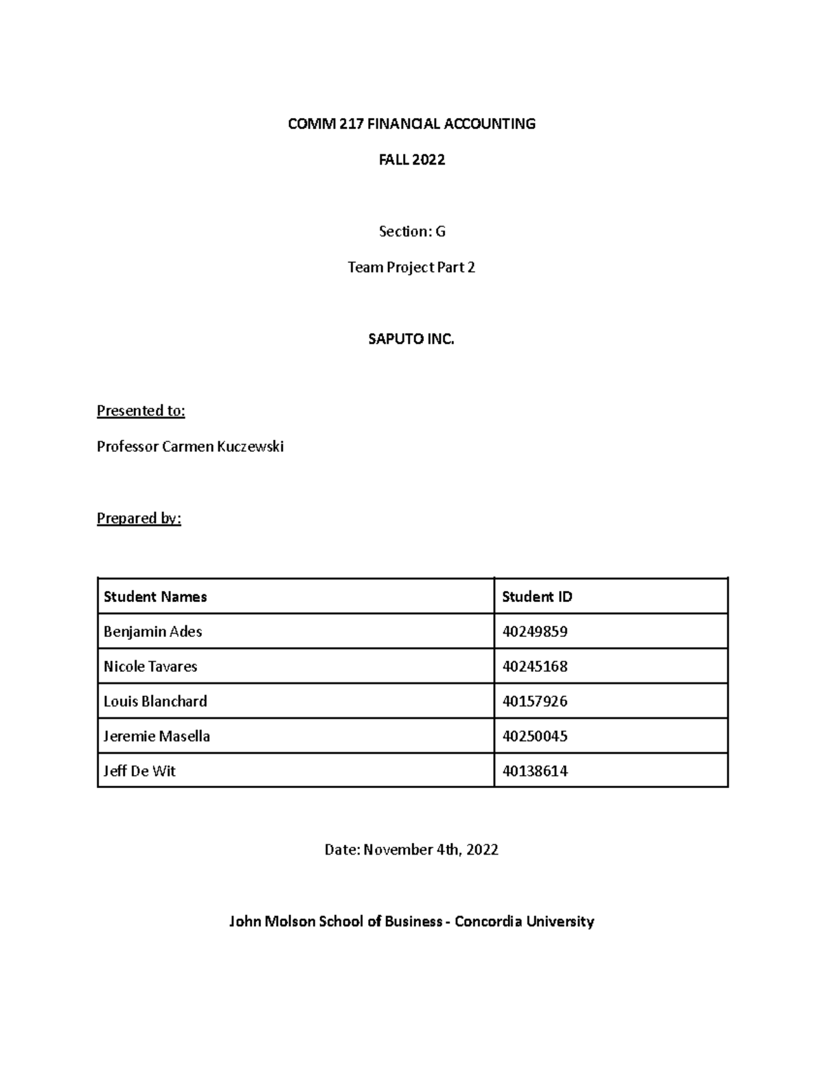 Group Project Part 1 - COMM 217 FINANCIAL ACCOUNTING FALL 2022 Section: G Team Project Part 2 ...