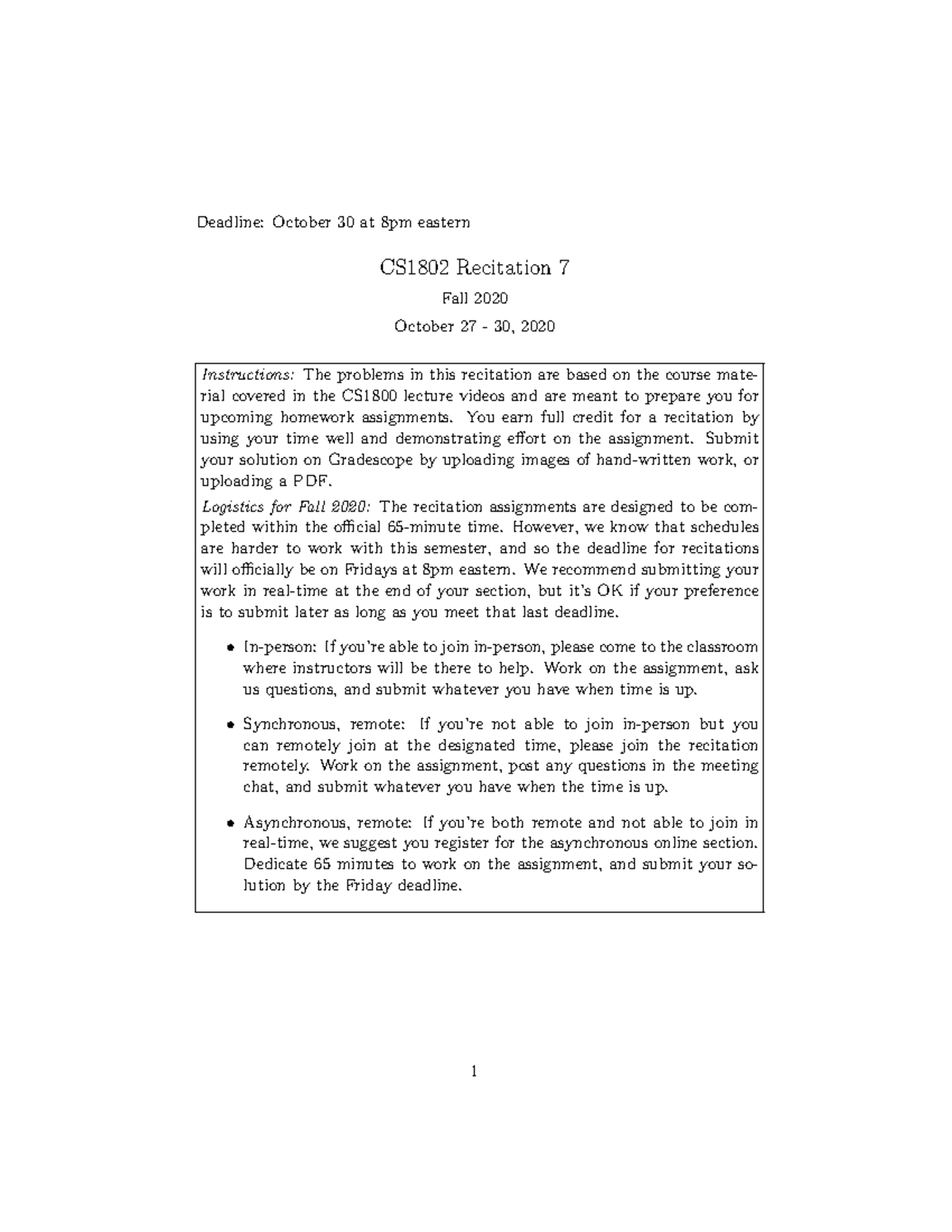 Recitation 7 - Lecture notes 7 - Deadline: October 30 at 8pm eastern ...