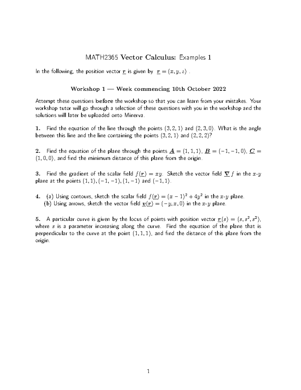 MATH2365 - Examples One - MATH2365 Vector Calculus: Examples 1 In the ...