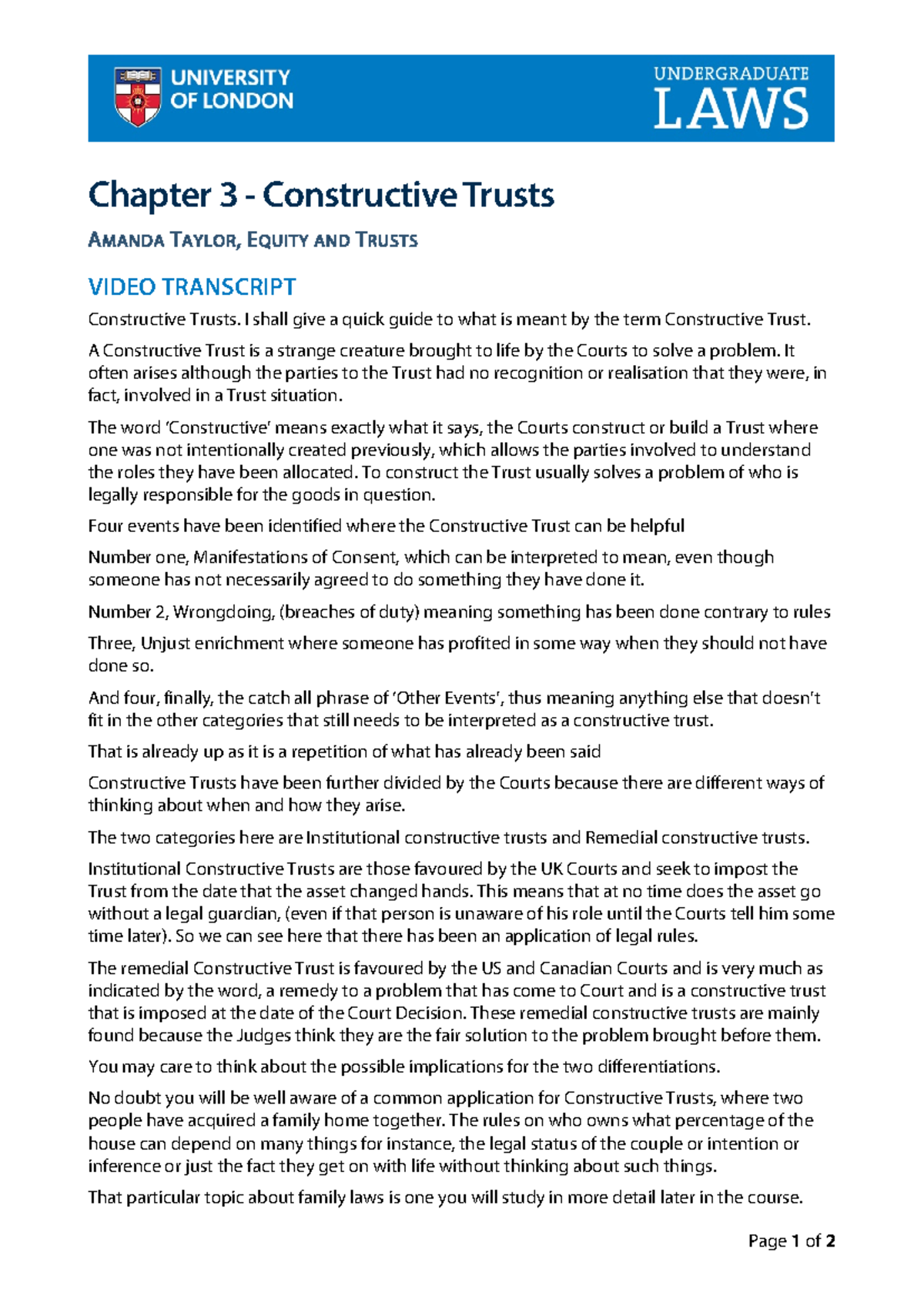 Chapter 3 Transcript - Summary Law - Page 1 of 2 Chapter 3 - Constructive Trusts VIDEO ...