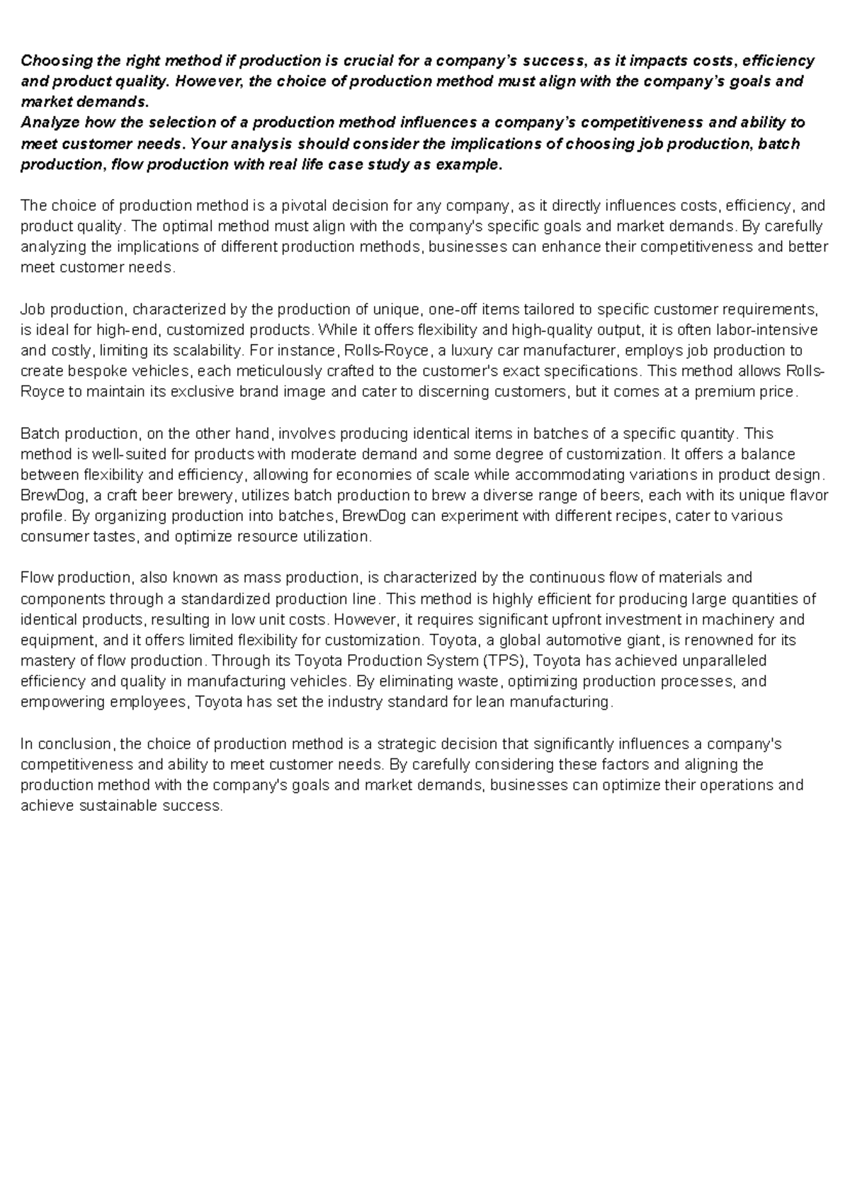 ESSAY UNIT 7: PRODUCTION - Choosing the right method if production is ...