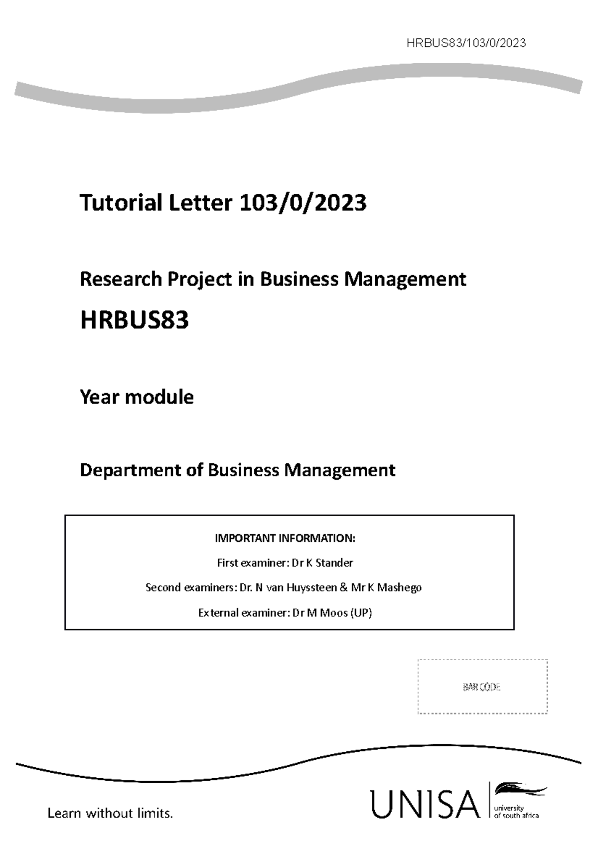 HRBUS83 TL 103 2023 Final Feb - HRBUS83/103/0/ Tutorial Letter 103/0/ Research Project in ...