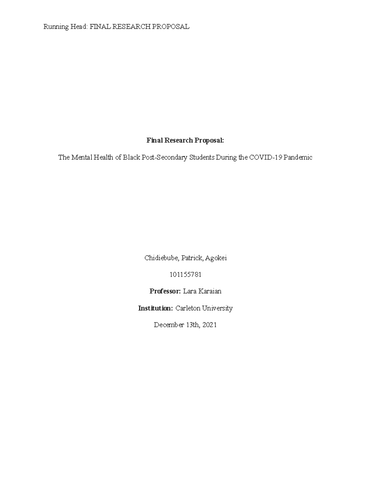 Final Research Proposal - Running Head: FINAL RESEARCH PROPOSAL Final ...