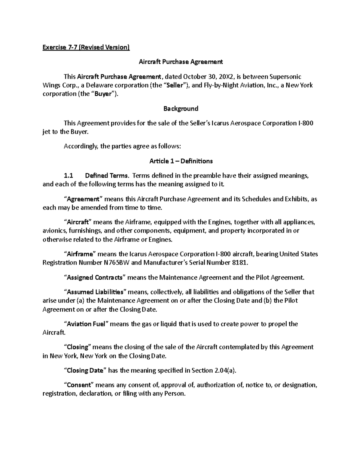 Revised Exercise 7 7 - Exercise 7-7 (Revised Version) Aircraft Purchase ...