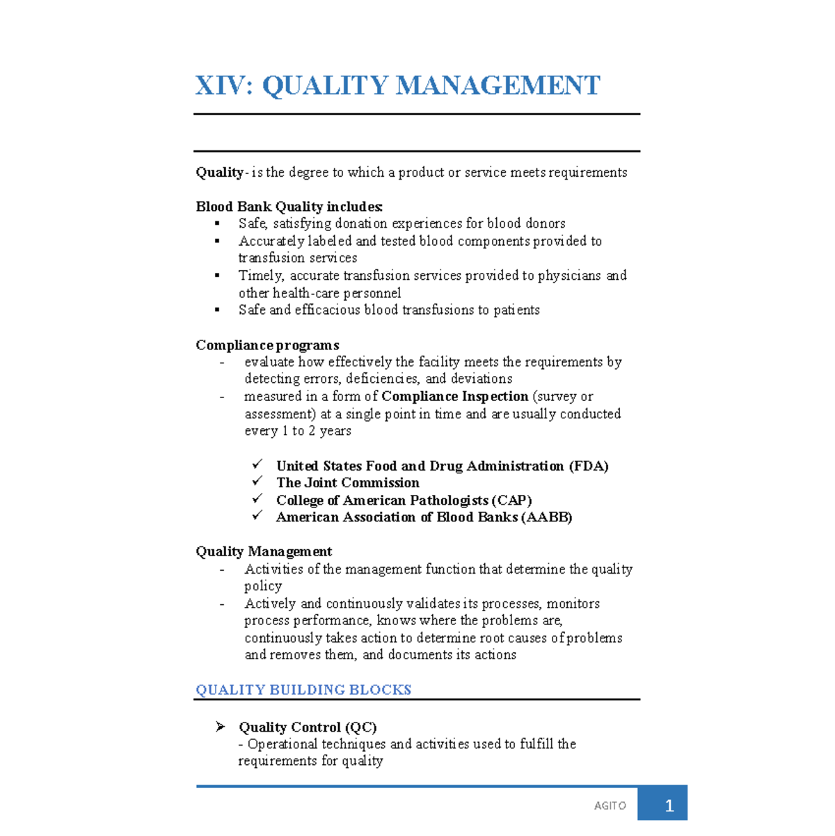 14quality - summaries - XIV: QUALITY MANAGEMENT Quality- is the degree ...