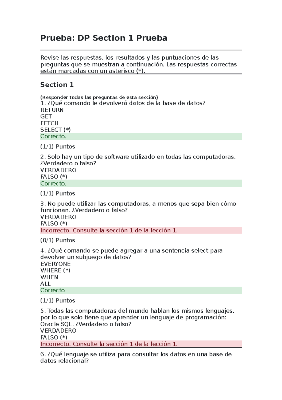Prueba 1 - ORACLE - Prueba: DP Section 1 Prueba Revise las respuestas, los resultados y las ...