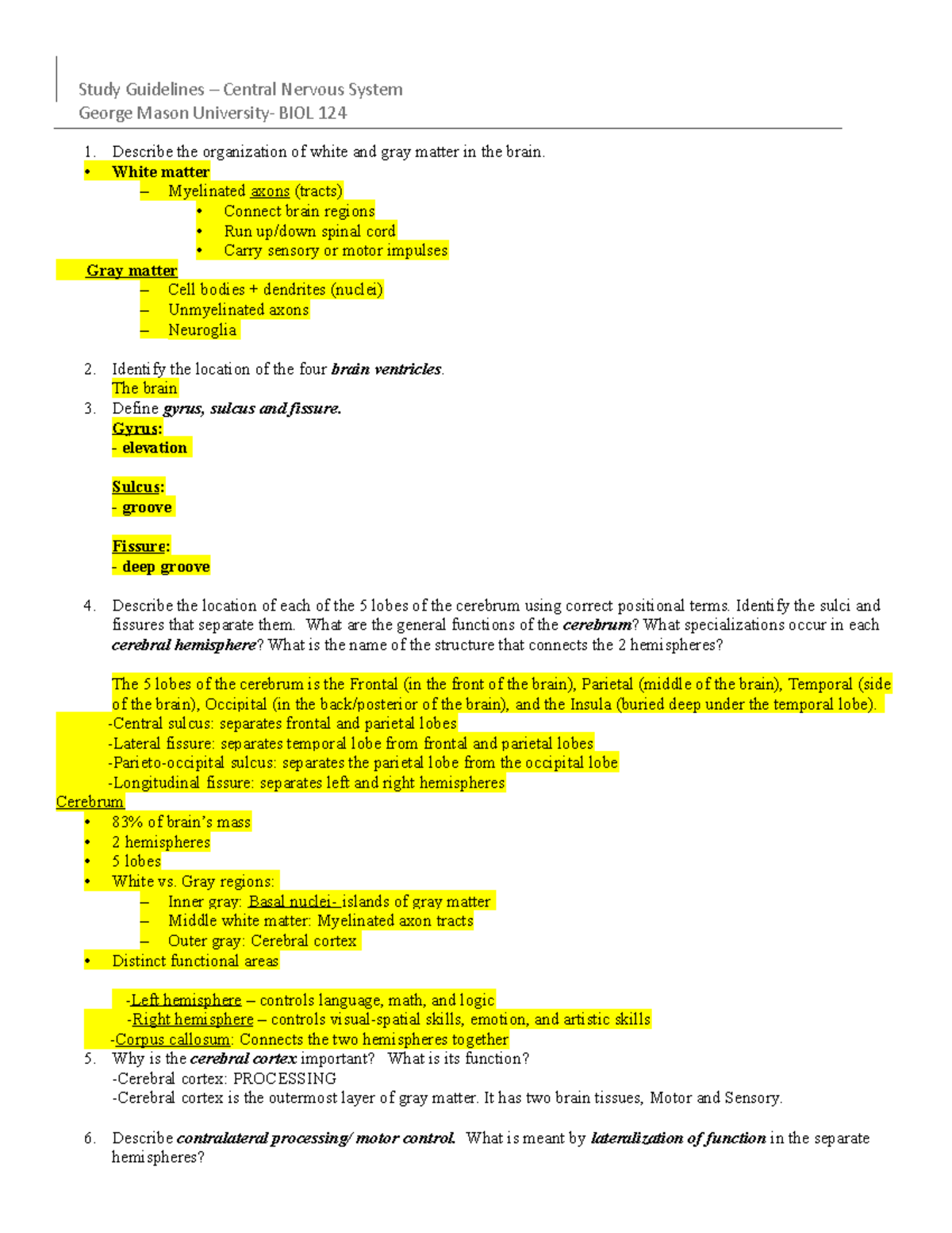 10- CNS PNS- Biology 124 - Study Guidelines – Central Nervous System ...