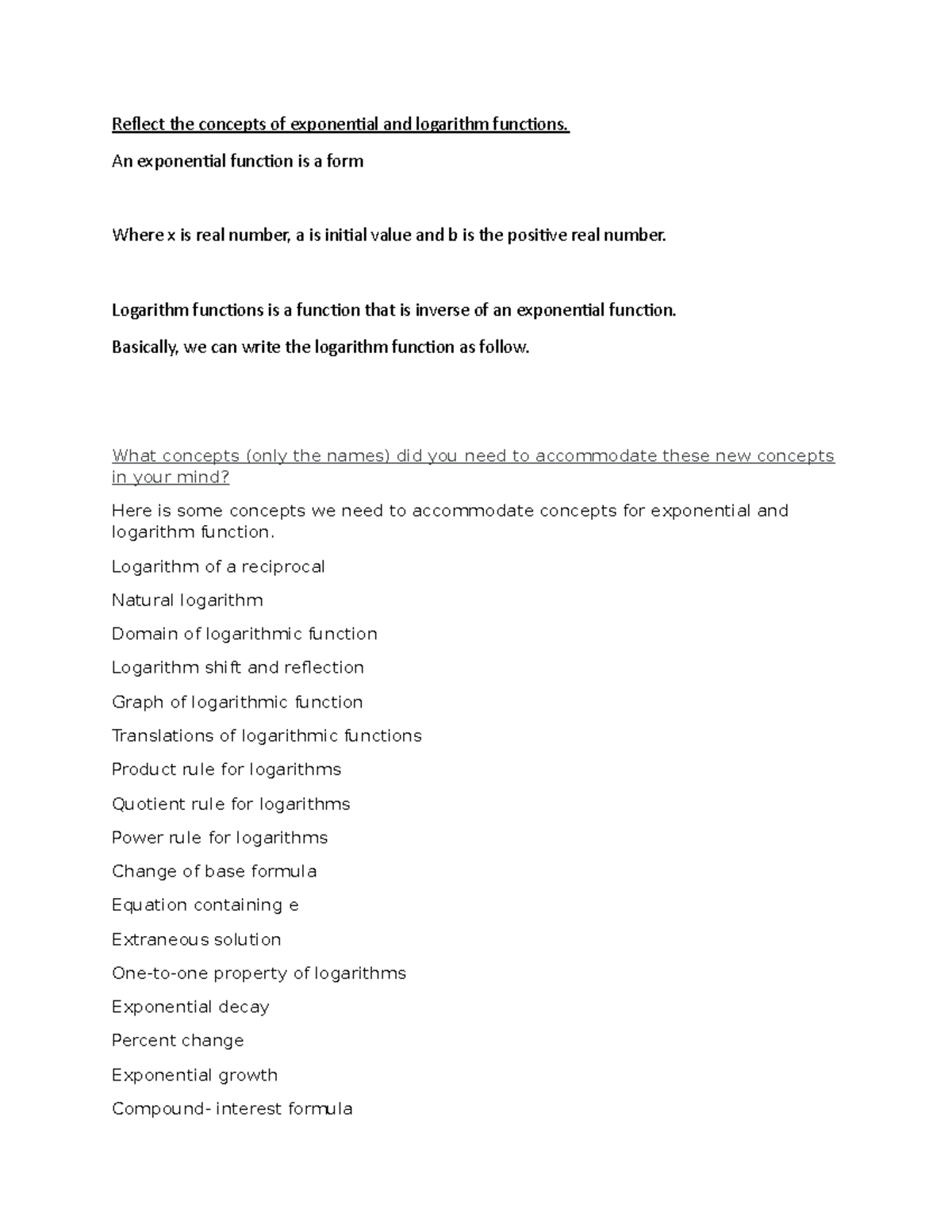 MATH 1201 Unit 5 Learning Journal - Reflect the concepts of exponential and logarithm functions ...