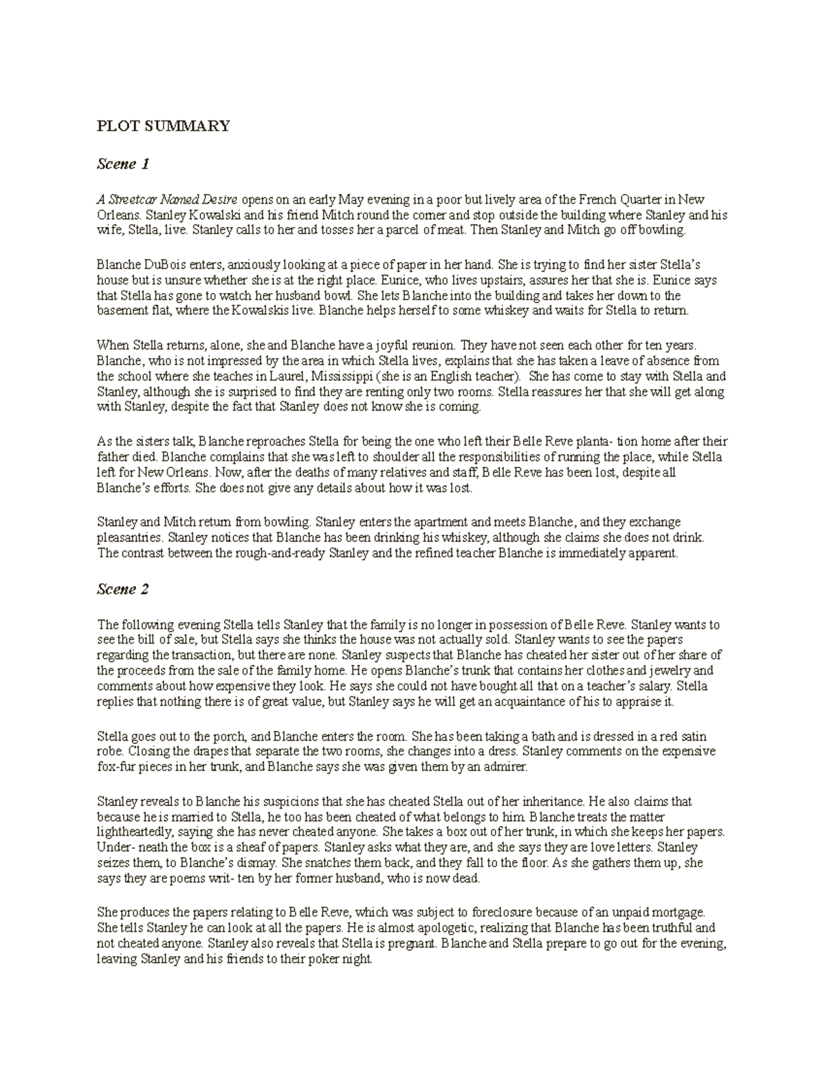 PLOT Summary Streetcar - PLOT SUMMARY Scene 1 A Streetcar Named Desire ...