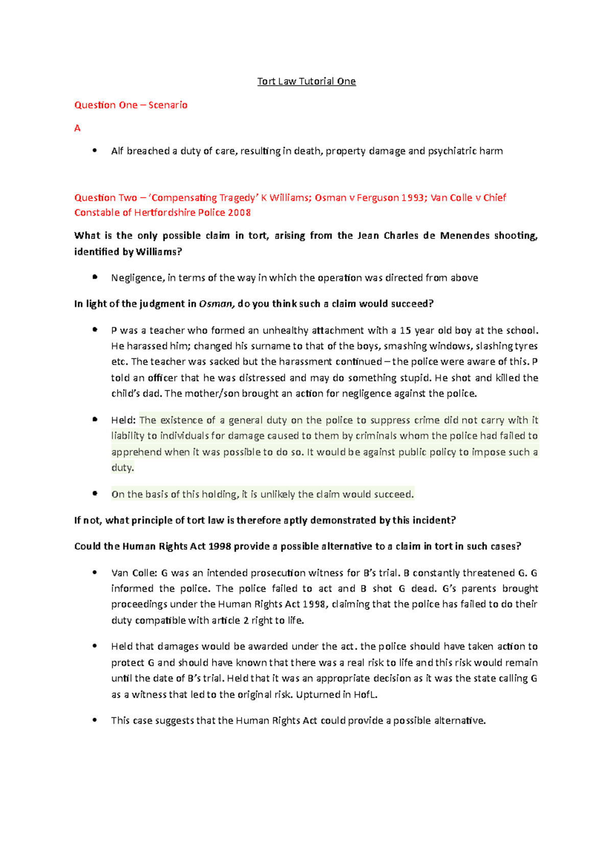 Law of Tort I Tutorial 1 - Tort Law Tutorial One Question One ...
