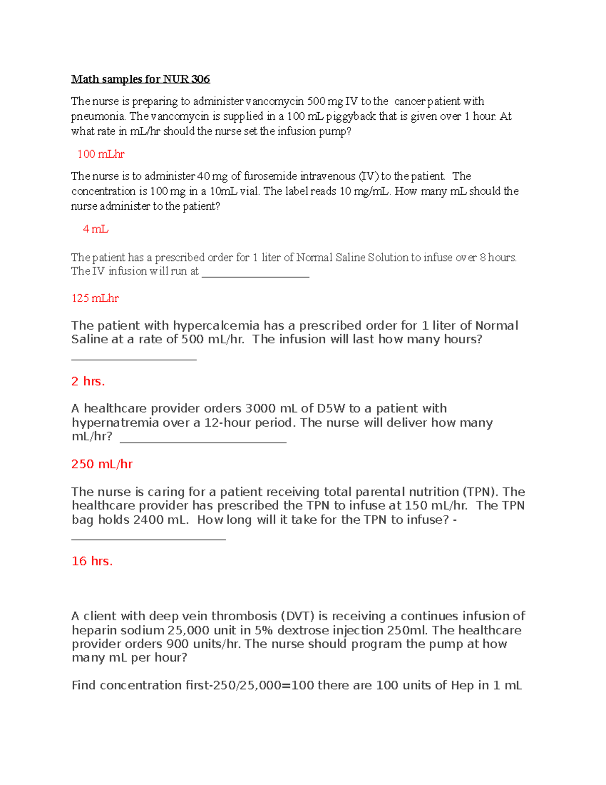 IV Math Practice With Answers Math Samples For NUR 306 The Nurse Is
