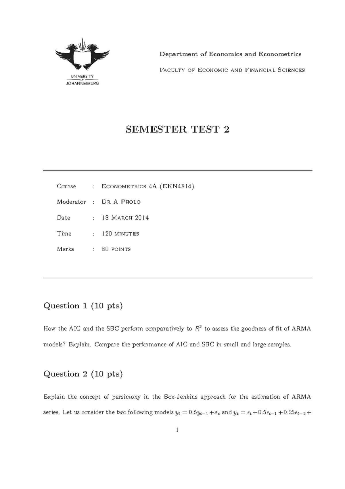 Semester Test 2 2014 - past paper used as guide on questions and ...
