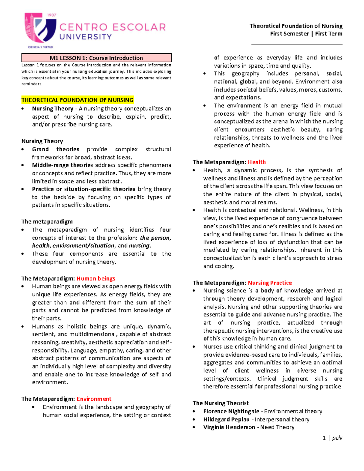Theoretical Foundation of Nursing - First Semester | First Term M1 ...