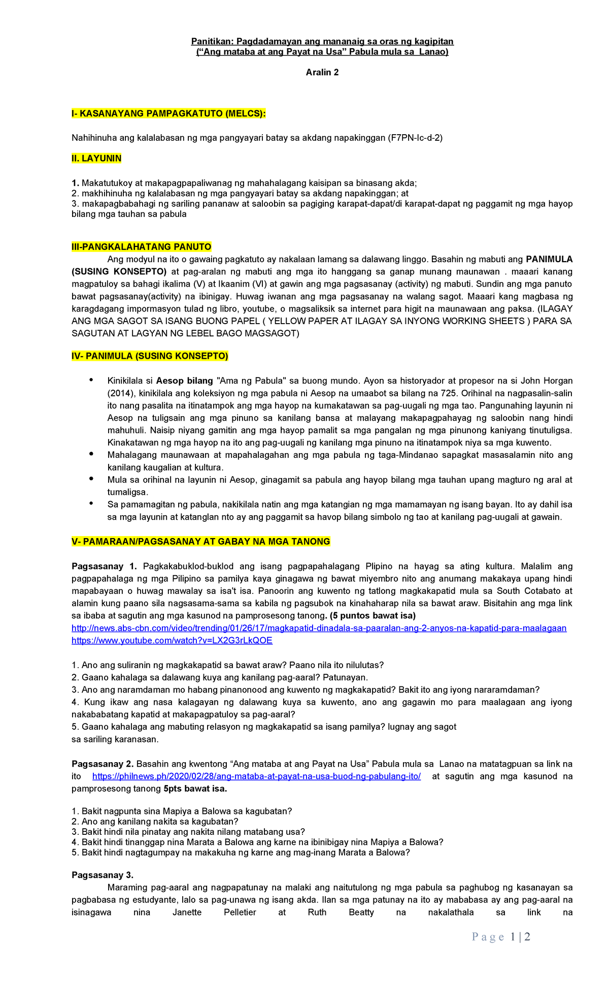 Lesson 2 week 3-4 - filipino 7 modules - Panitikan: Pagdadamayan ang ...