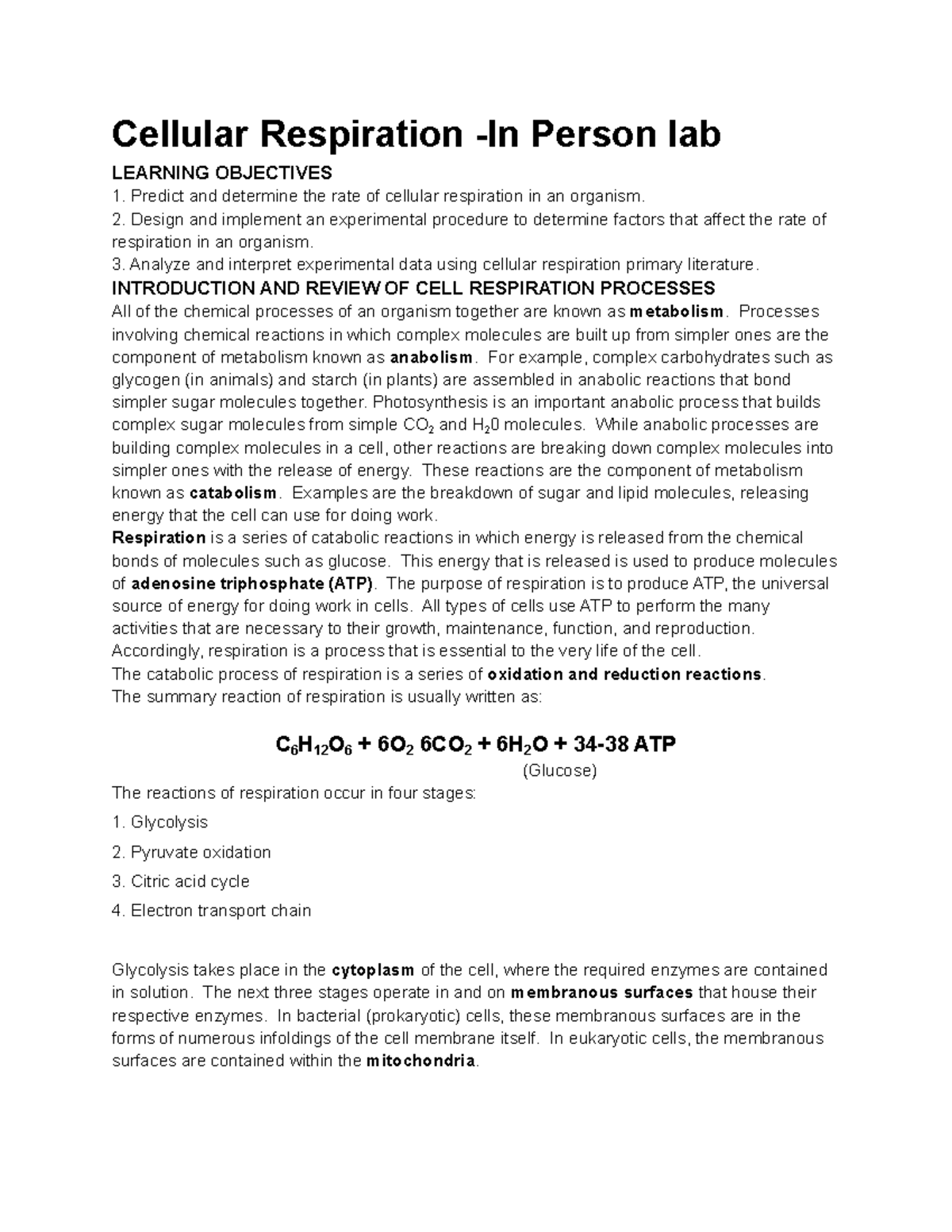 Cellular respiration - lab work - Cellular Respiration -In Person lab ...