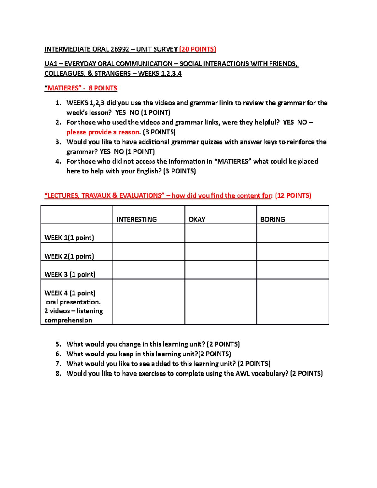 UA1- UNIT Survey - yes - INTERMEDIATE ORAL 26992 – UNIT SURVEY (20 ...