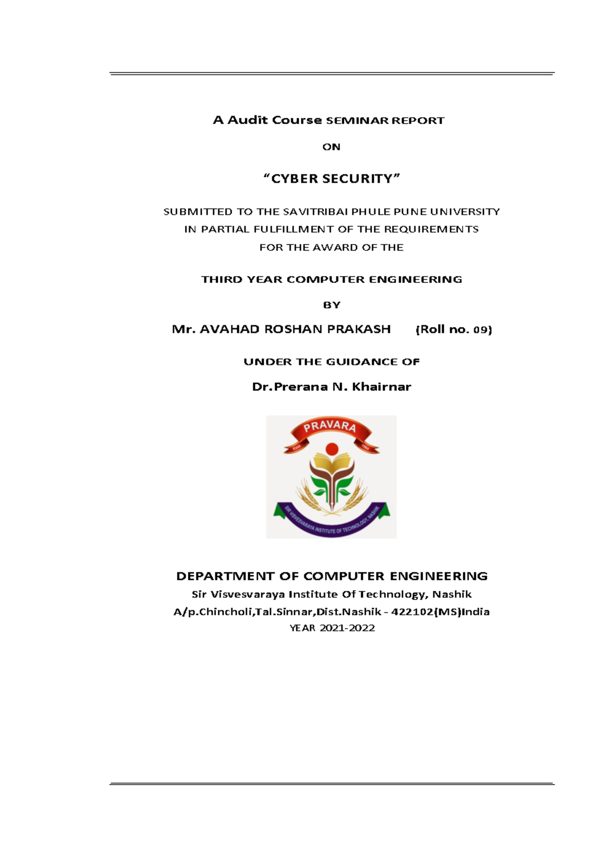 Cyber security( Audit Course) Roshan - A Audit Course SEMINAR REPORT ON ...