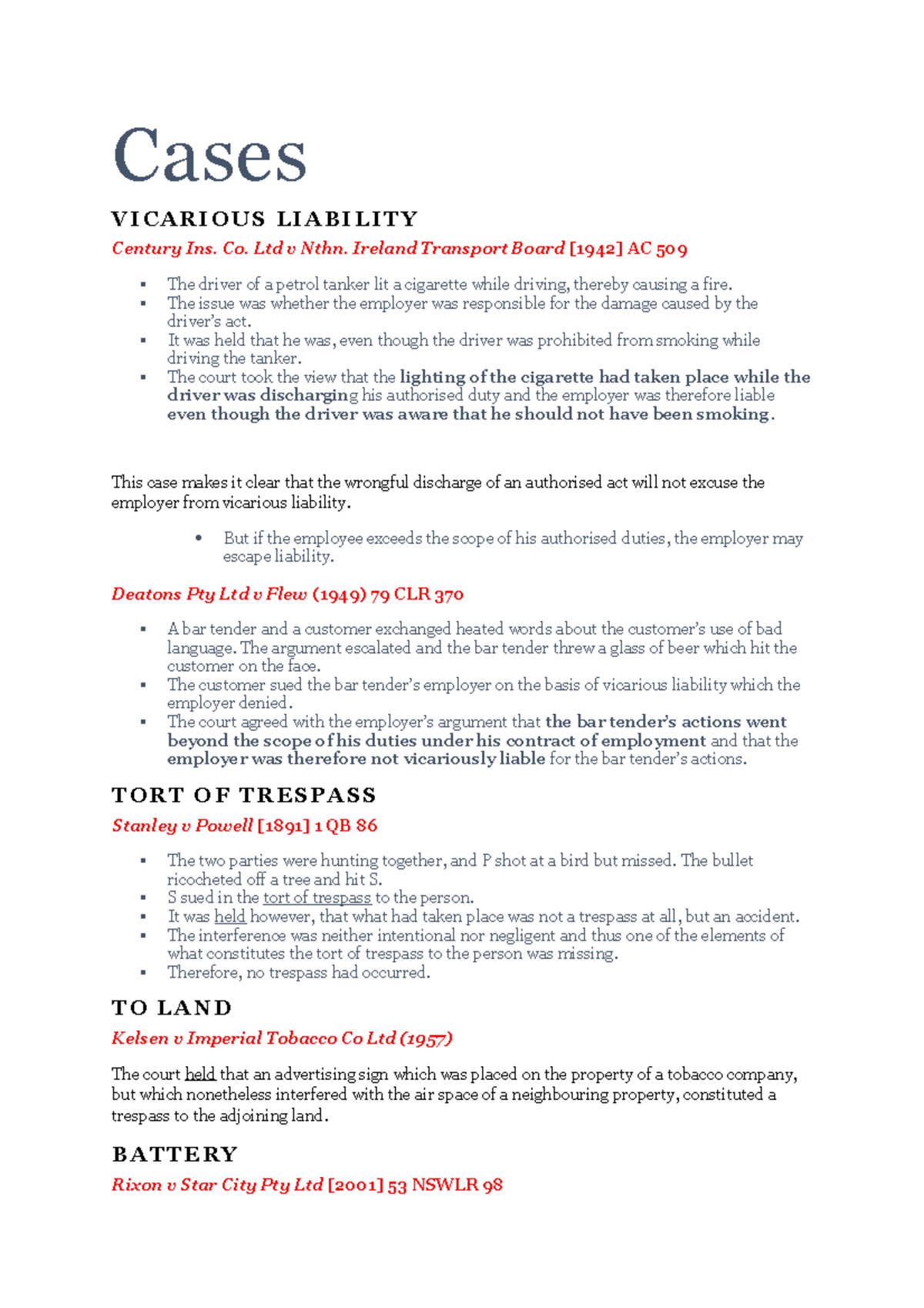 Cases and legislations in each topic - Cases VICARIOUS LIABILITY ...