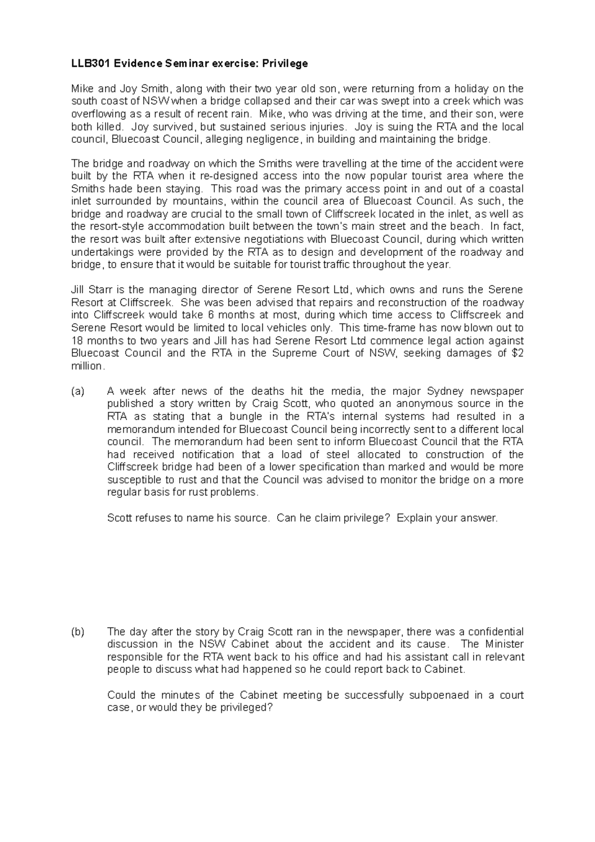 LLB301 Seminar Week 10 Privilege exercise - LLB301 Evidence Seminar ...