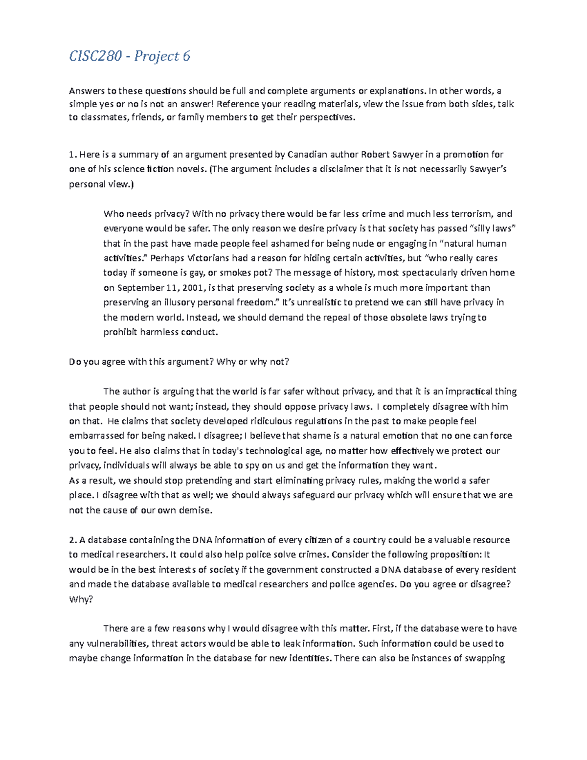 CISC280 project 6 - This is an answer key/study guide to coursework ...