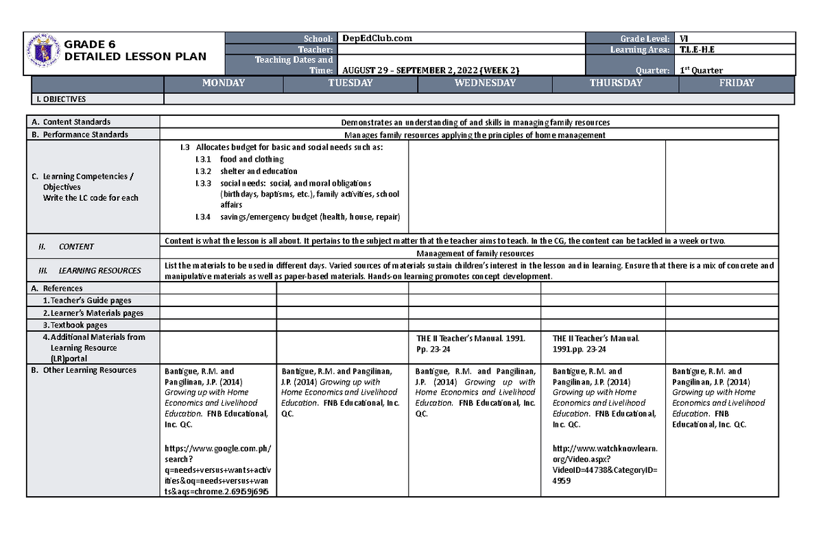 DLL TLE-HE 6 Q1 W2 - Copy - GRADE 6 DETAILED LESSON PLAN School ...