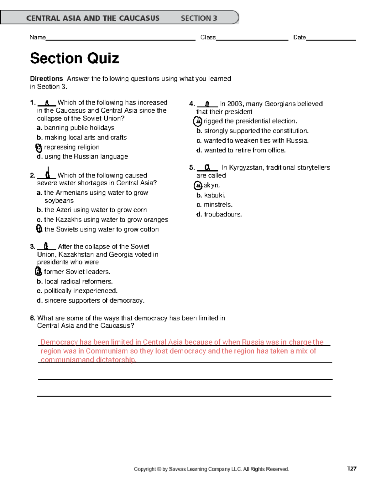 Ch. 7 Sec. 3 Central Asia and the Caucasus Today Quiz - Name Class Date ...