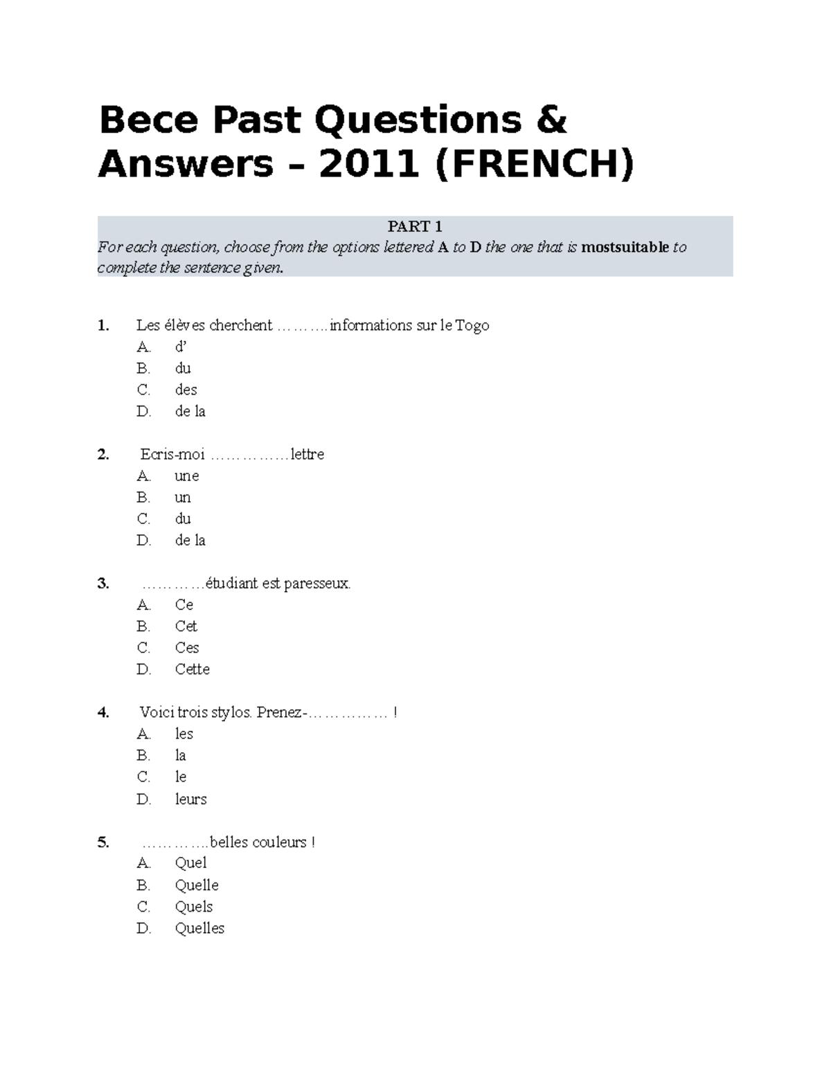 French-2011 - rggd - Bece Past Questions & Answers – 2011 (FRENCH ...