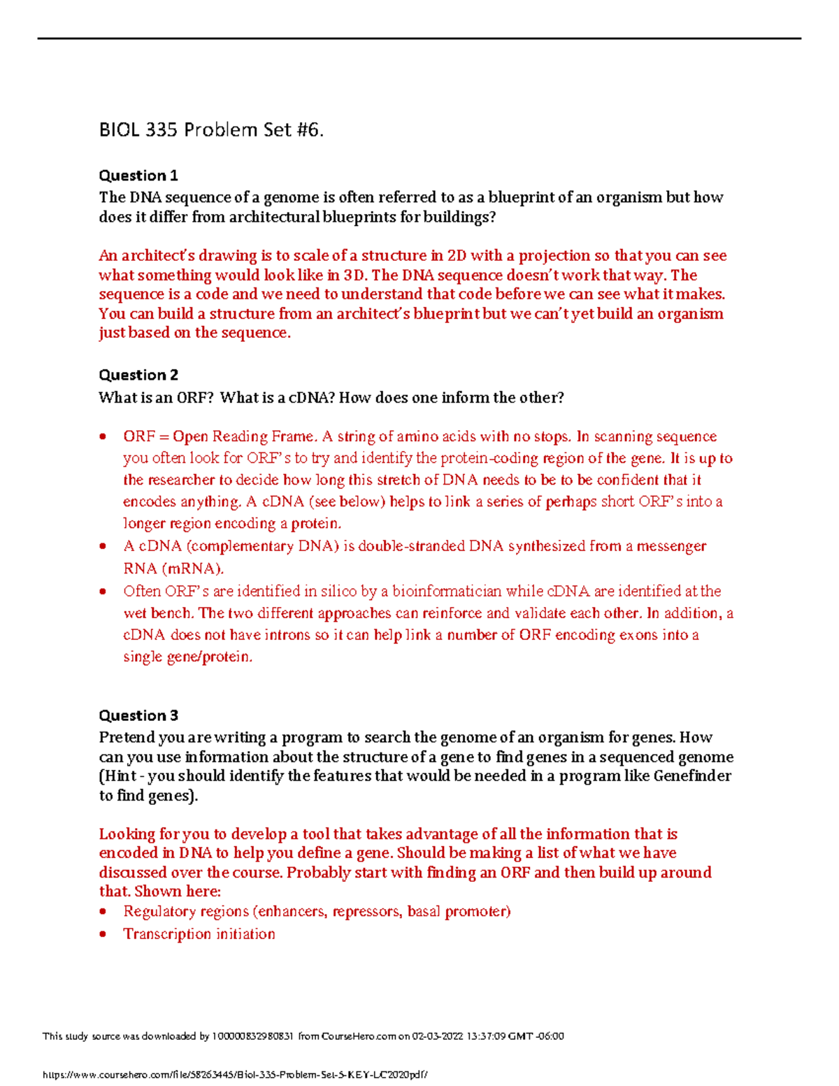 Biol 335 Problem Set 5 KEY LC2020 - BIOL 335 Problem Set #6. Question 1 ...