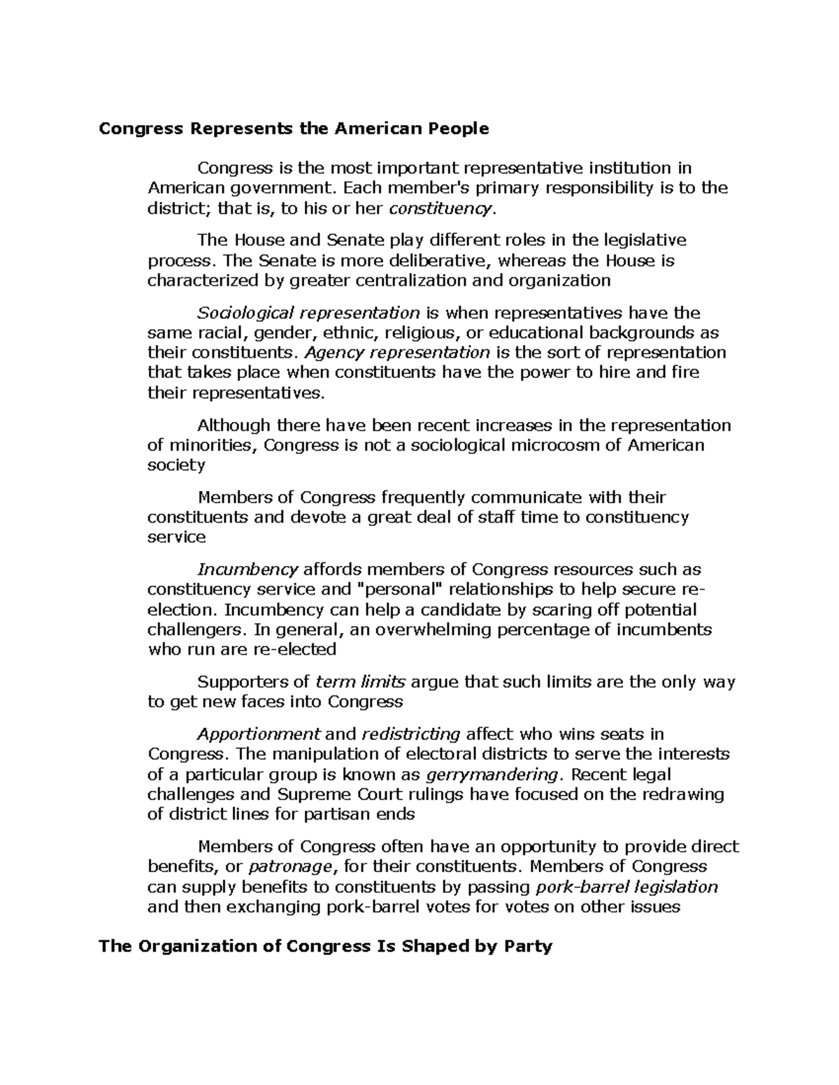 Overview of chapter 9 - Congress Represents the American People ...