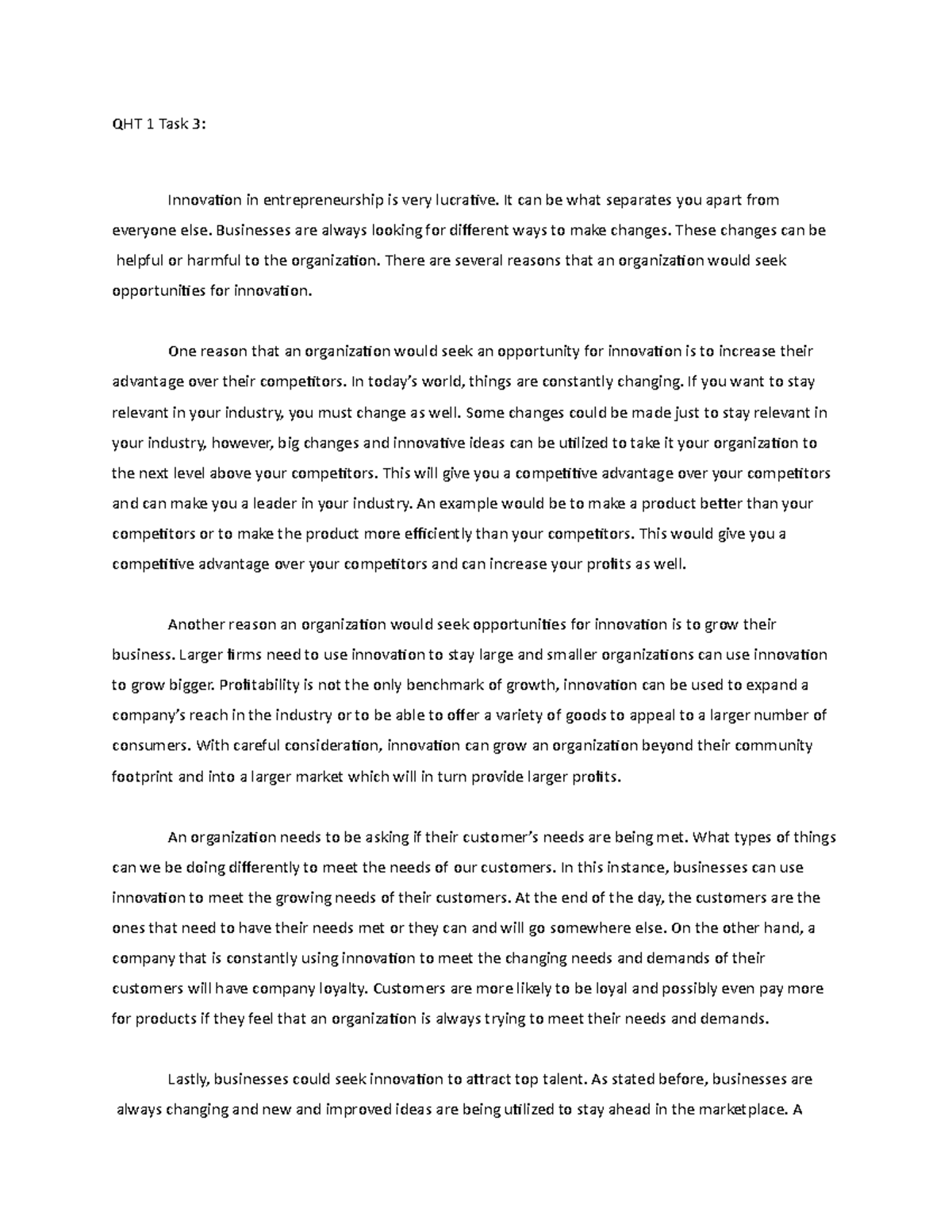 QHT 1 Task 3 - Task 3 pass with no revisions - QHT 1 Task 3: Innovation ...
