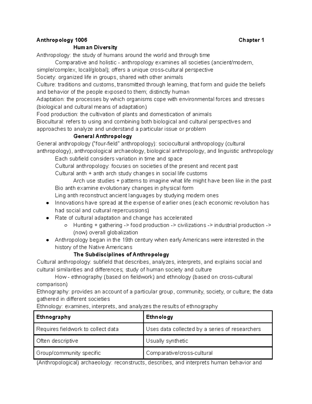 ANTH1006 CH1 - Lecture notes ch1 - Anthropology 1006 Chapter 1 Human ...