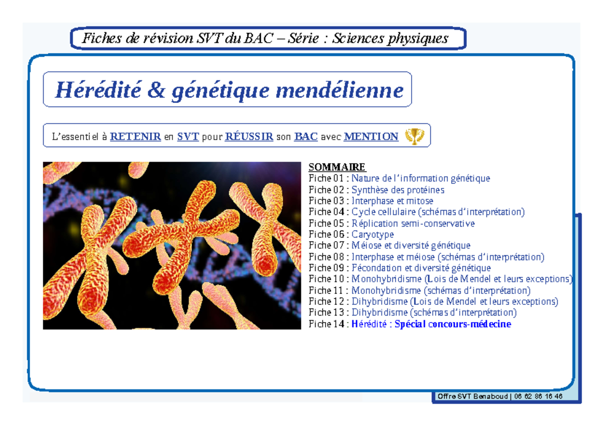664606080 Heredite SVT Benaboud - Hérédité & génétique mendélienne SOMMAIRE Fiche 01 : Nature de ...