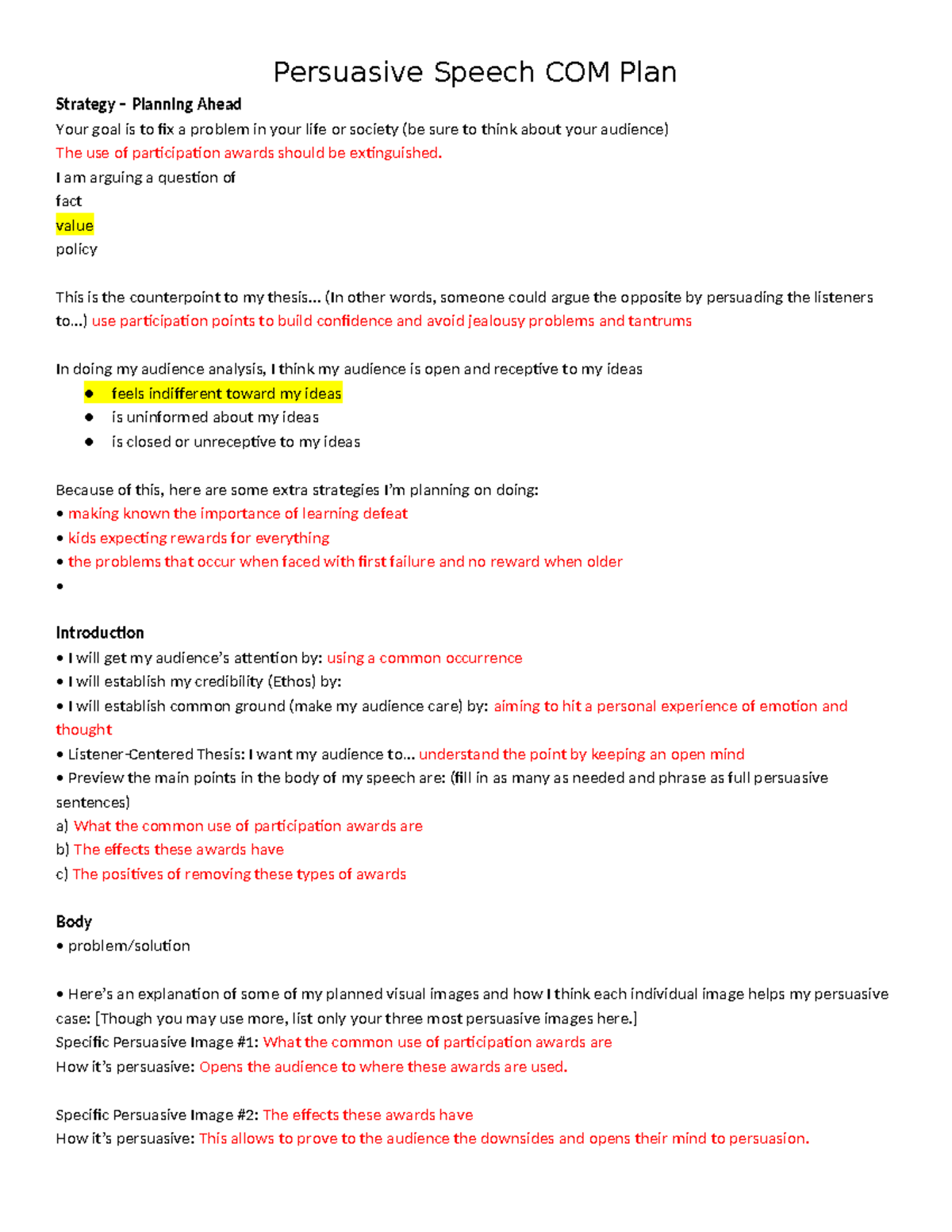 Persuasive Speech COM Plan - Persuasive Speech COM Plan Strategy ...