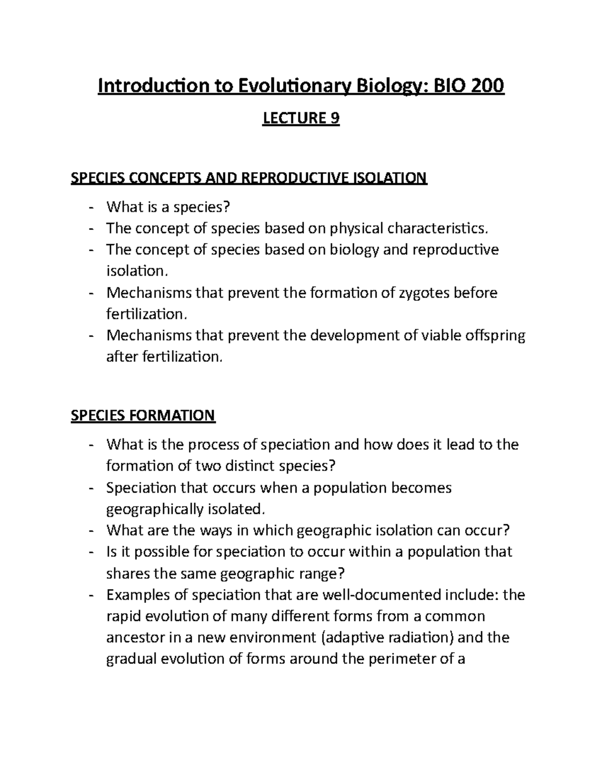 Lecture 9-Introduction to Evolutionary Biology my own notes ...