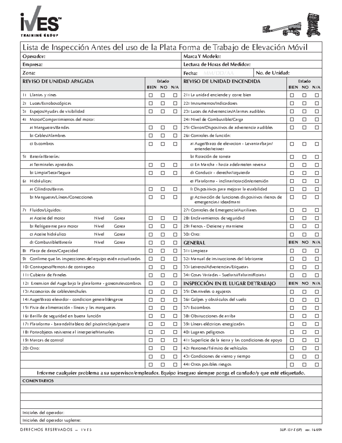 Aerial Lifts Pre Use Inspection SUP 137 e SP 16 059 - Lista de ...