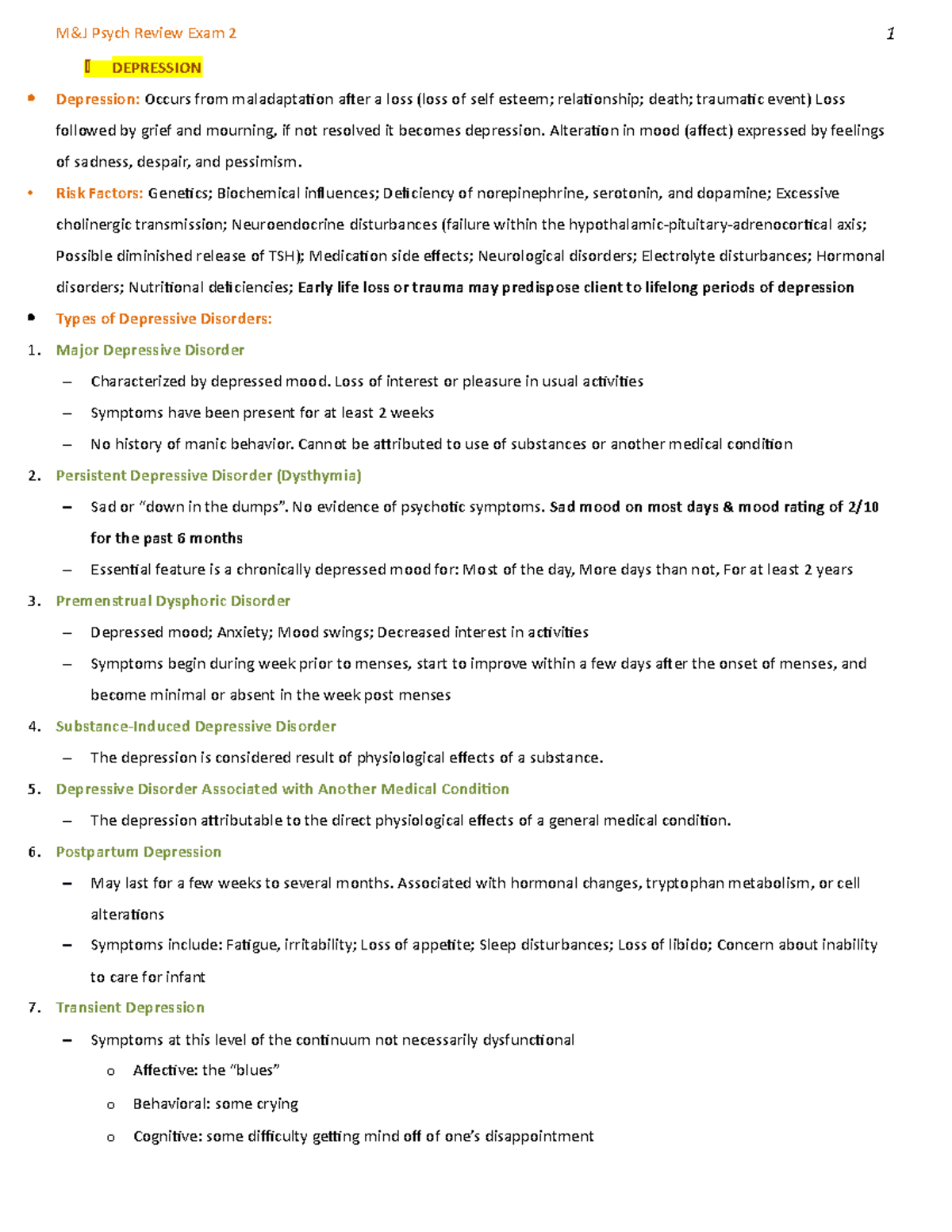 Psych exam 2 review - M&amp;J Psych Review Exam 2 1 DEPRESSION ...