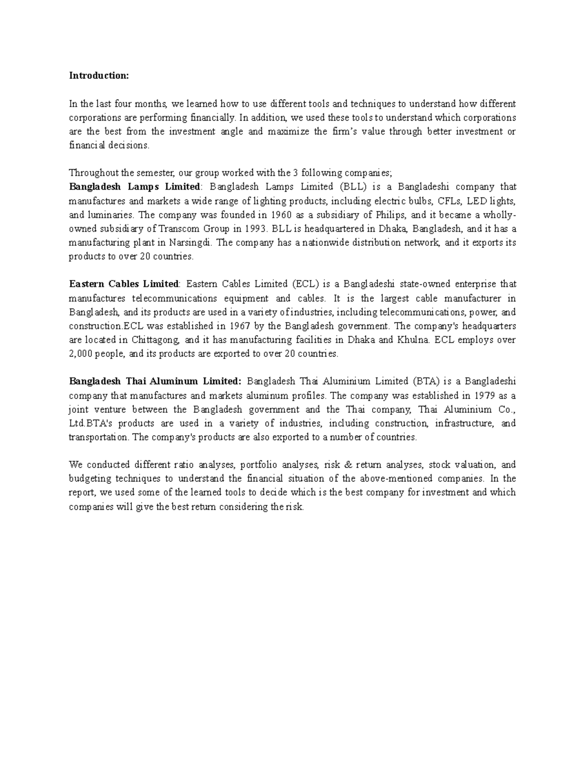 FIN report - Introduction: In the last four months, we learned how to ...