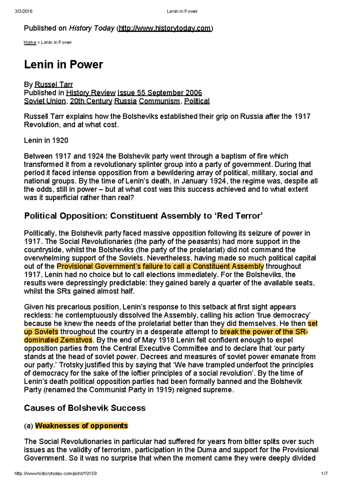 Lenin in Power reading - history - Published on History Today ...