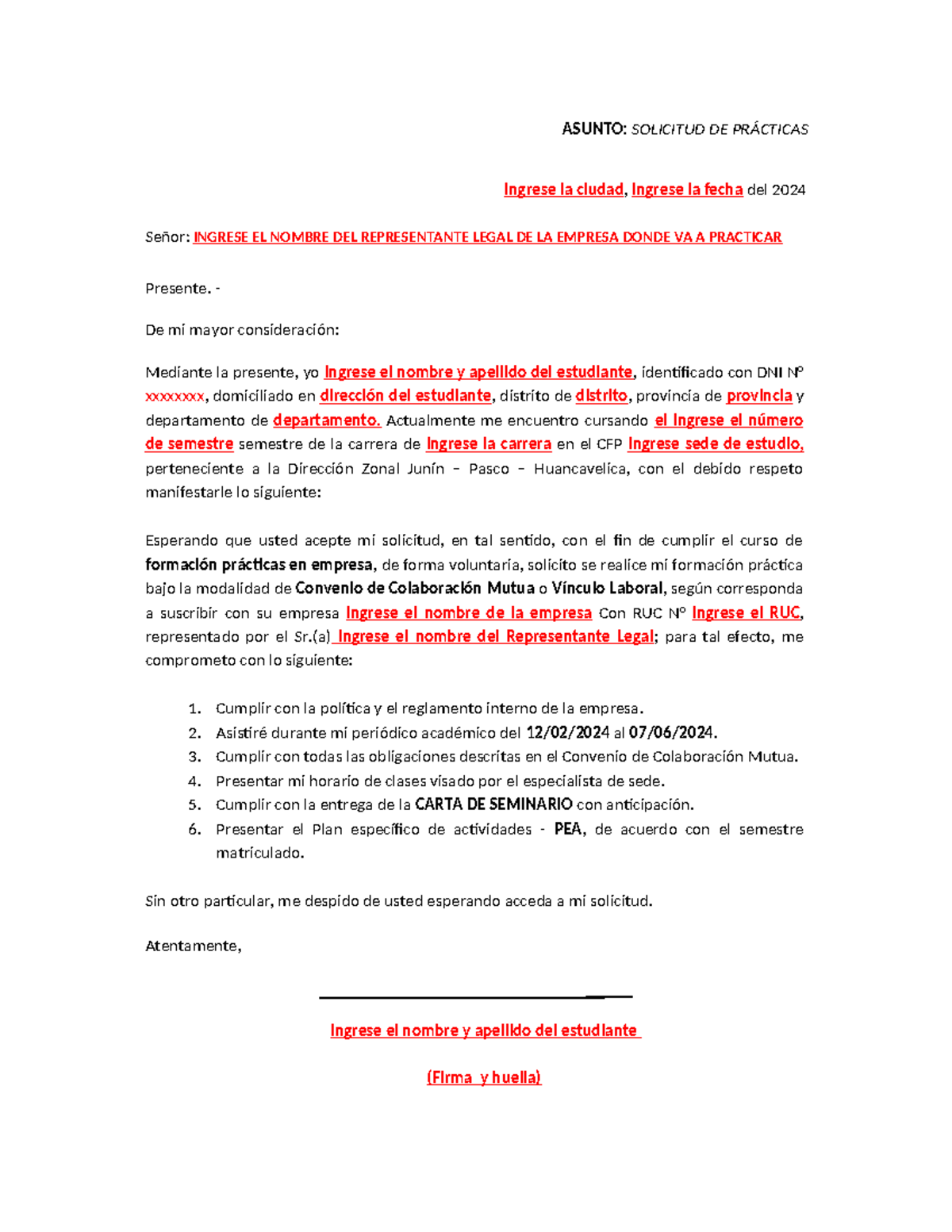 Documentos Complementarios 2024-10 Valido - ASUNTO: SOLICITUD DE PRÁCTICAS ingrese la ciudad ...