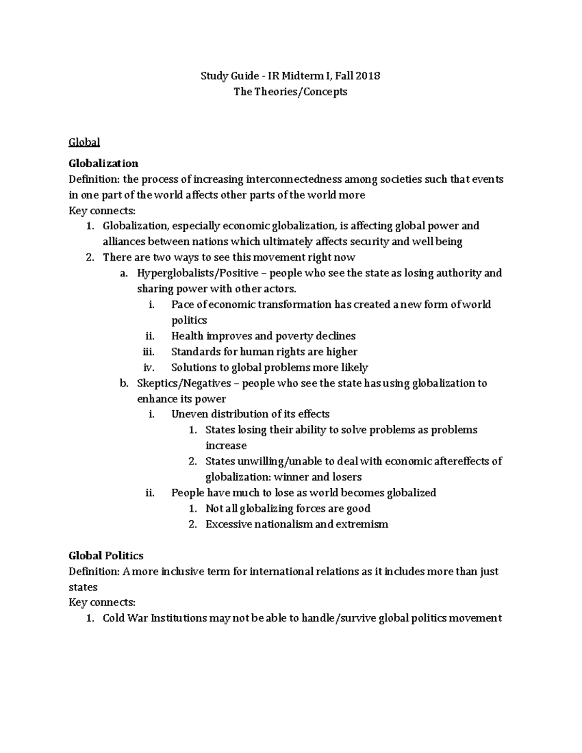 IR Midterm 1 Study Guide - Study Guide - IR Midterm I, Fall 2018 The ...