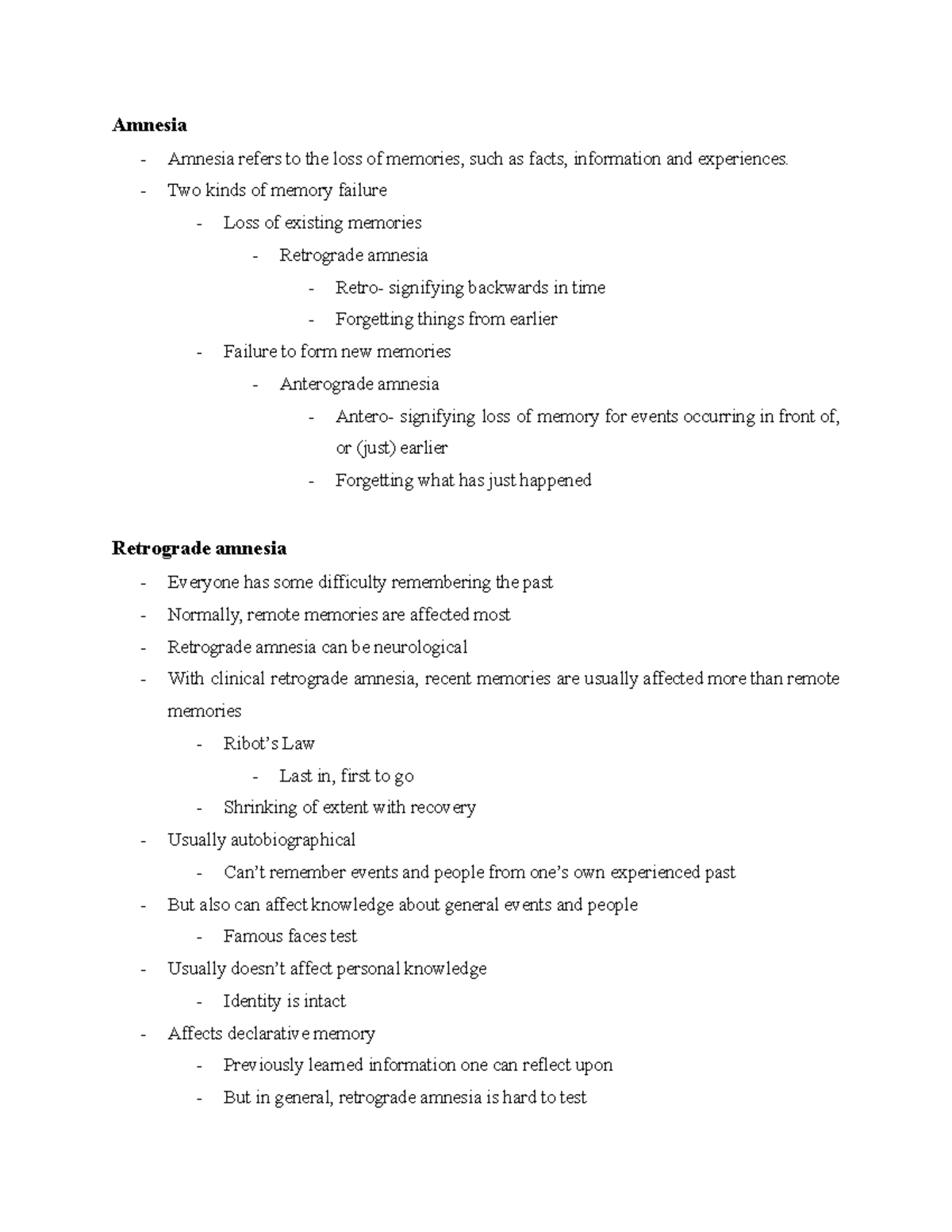 Lecture 6 - Amnesia - Amnesia Amnesia refers to the loss of memories ...