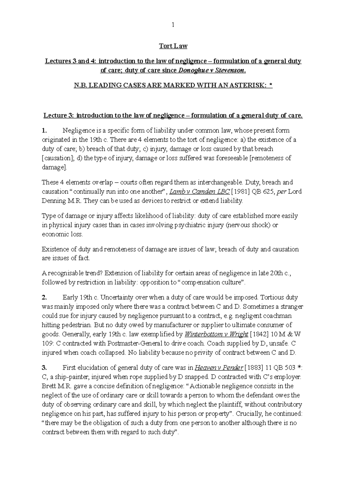 Tort Law Lecture 3 and 4 - Tort Law Lectures 3 and 4: introduction to ...