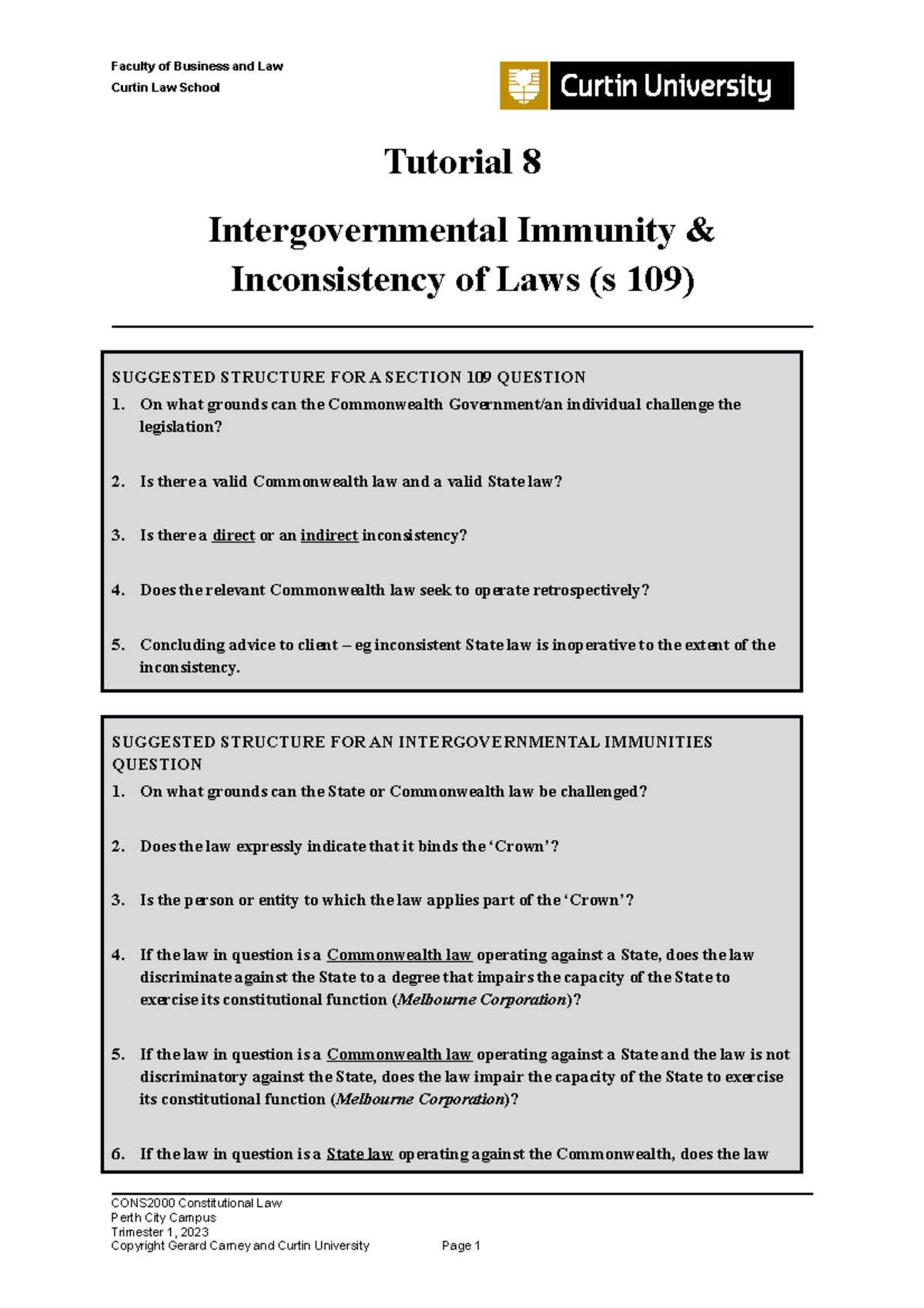 CONS2000 Constitutional Law 2023 Tutorial 8 IGI and Section 109 ...