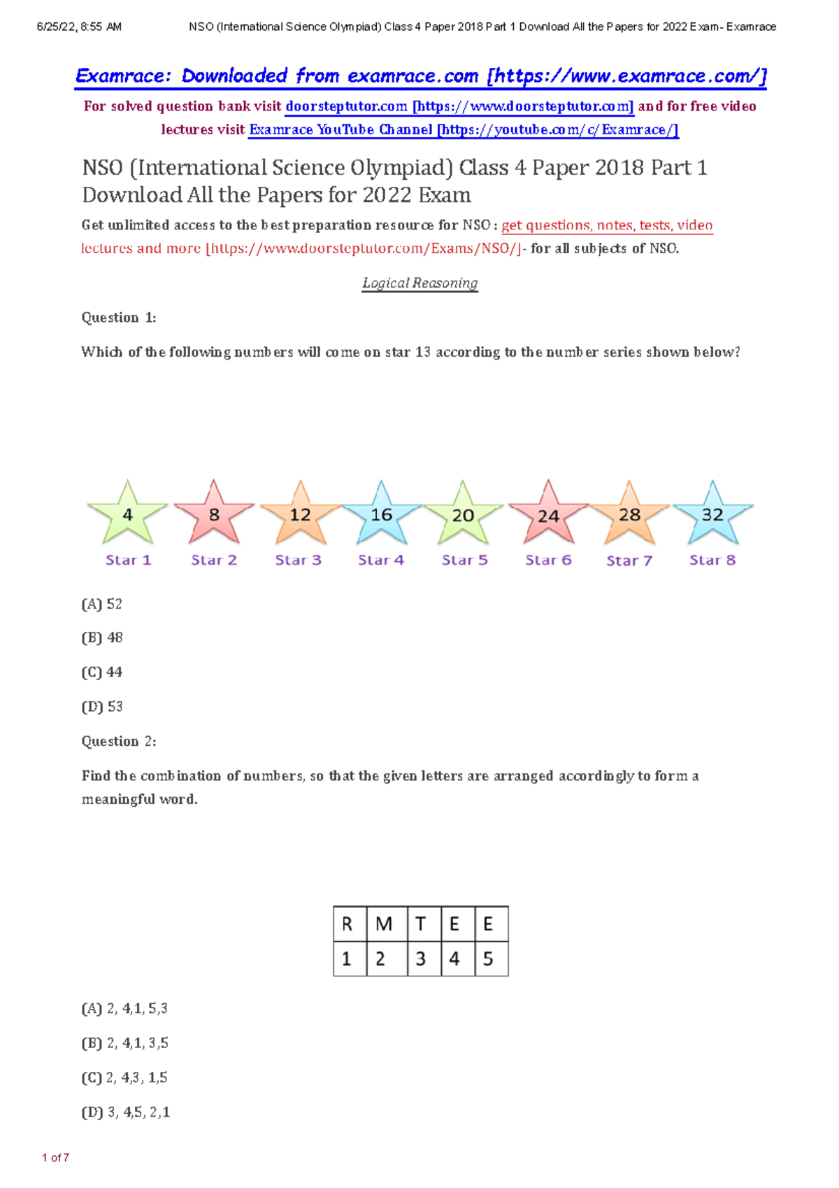 NSO Class 4 Paper 2018 Part 1 - Examrace: Downloaded from examrace ...