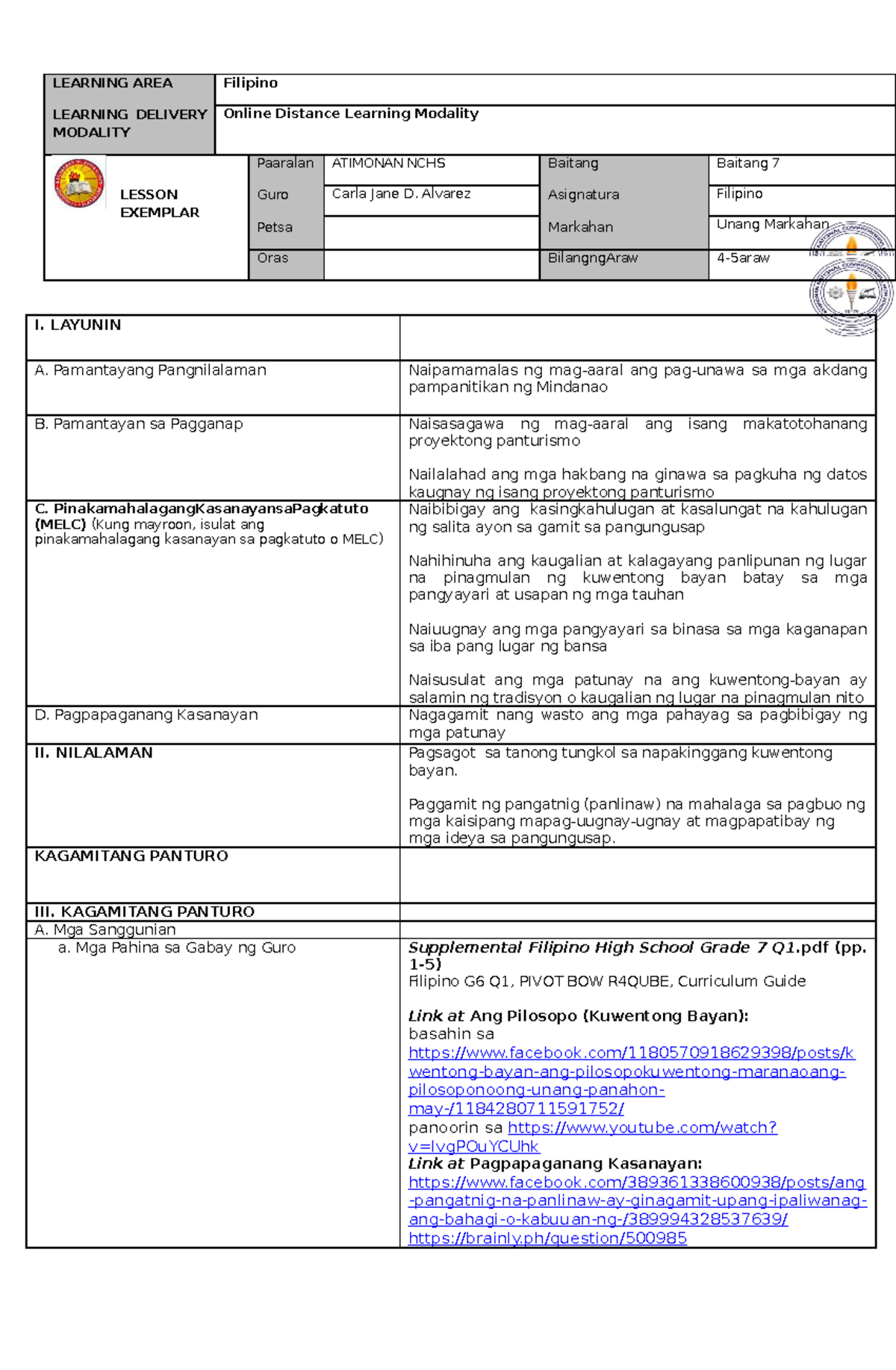 CJDA lesson exemplar filipino 070620 - LEARNING AREA LEARNING DELIVERY ...