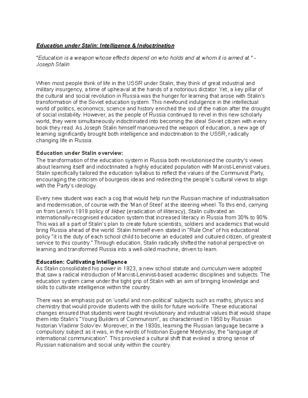 Education under Stalin: Intelligence & Indoctrination - Education under ...