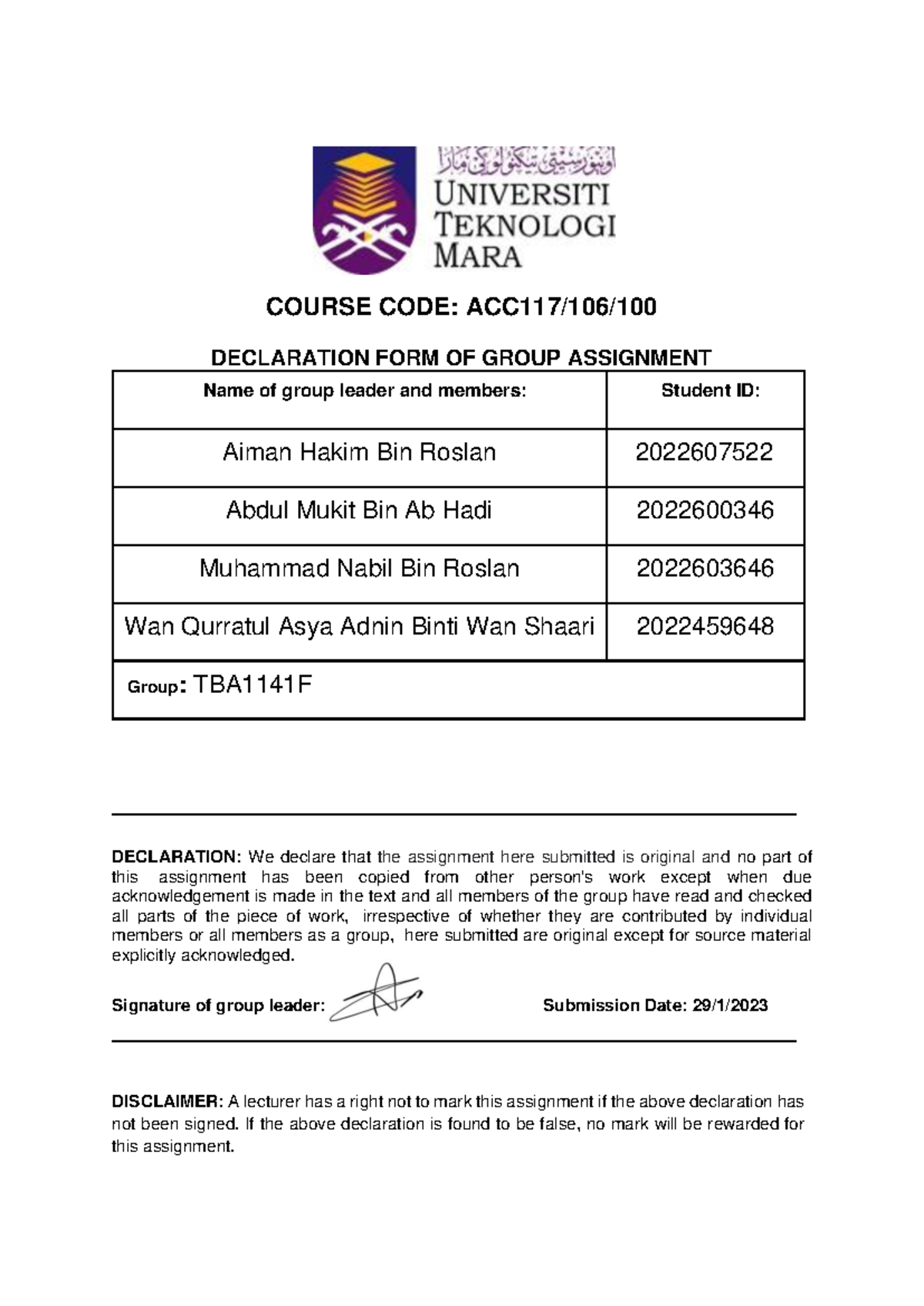 ACC117 Assignment 2 - COURSE CODE: ACC117/106/ DECLARATION FORM OF ...